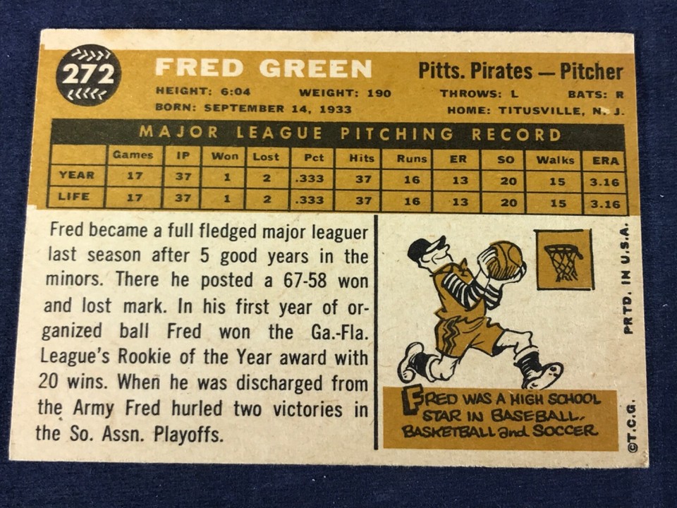 O3-60 BASEBALL CARD - FRED GREEN PITTSBURGH PIRATES - CARD #272 - 1960 ...