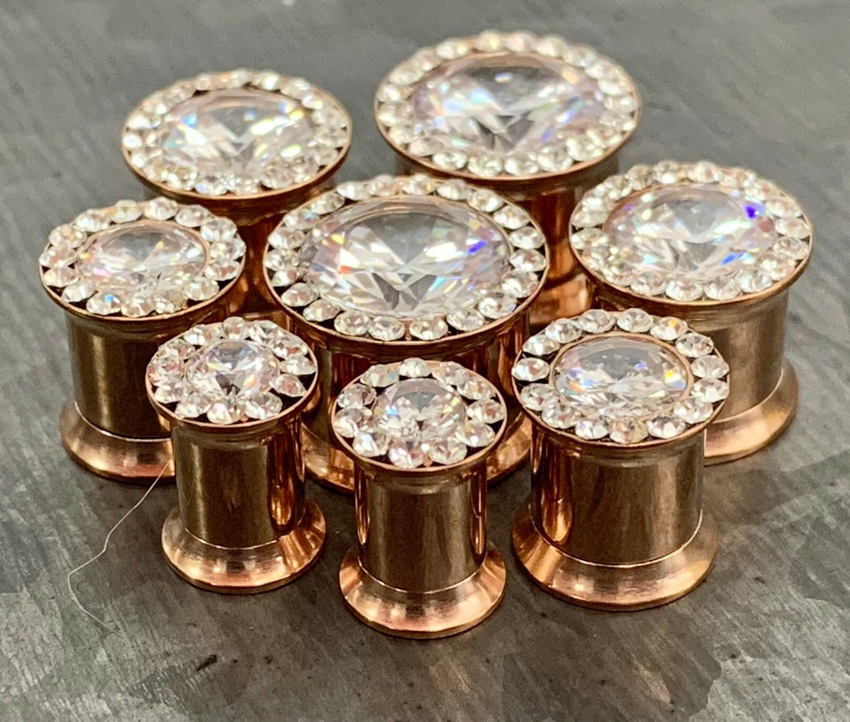 PAIR Large Gem w/Gem Rim Bling Internally Threaded Double Flare Tunnels ...