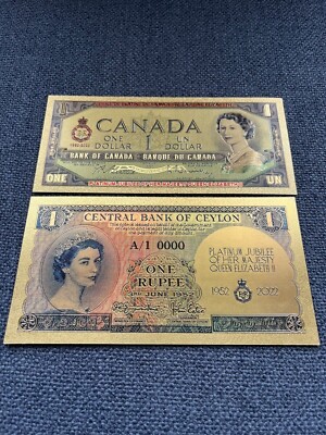 Gold Foil/Souvenir Canada + Ceylon Notes -Platinum Jubilee of Queen ...