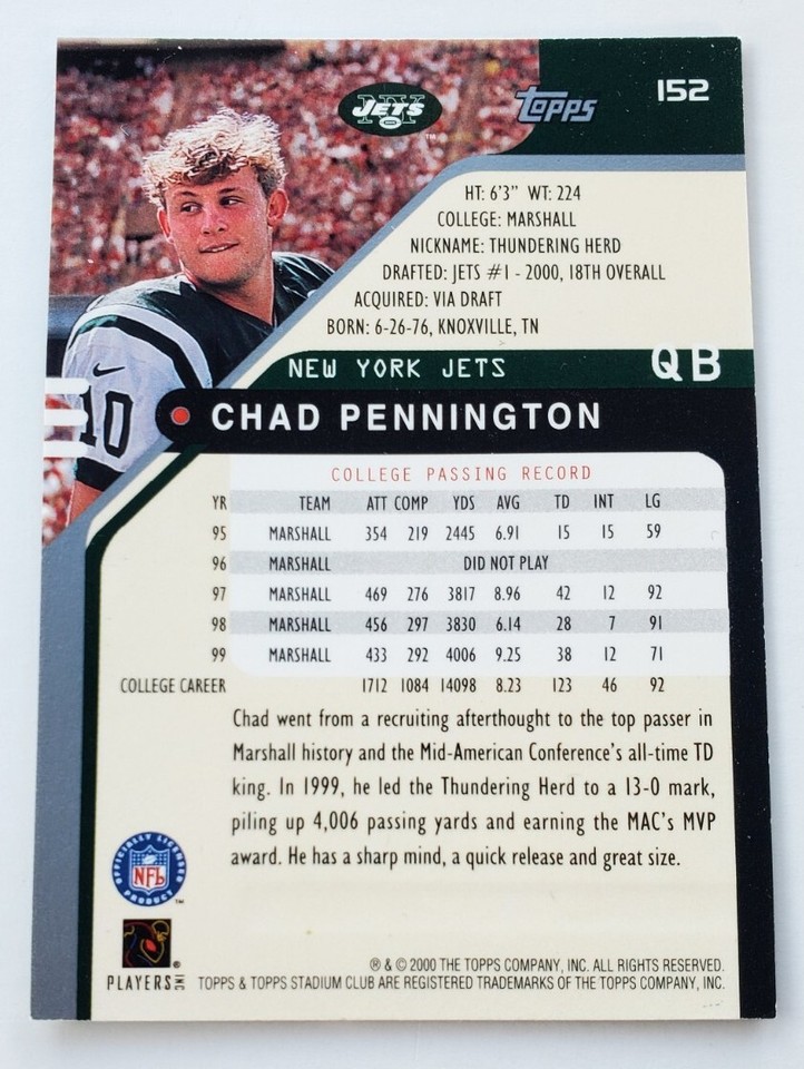 2000 Topps Stadium Club Chad Pennington New York Jets #152 RC | eBay