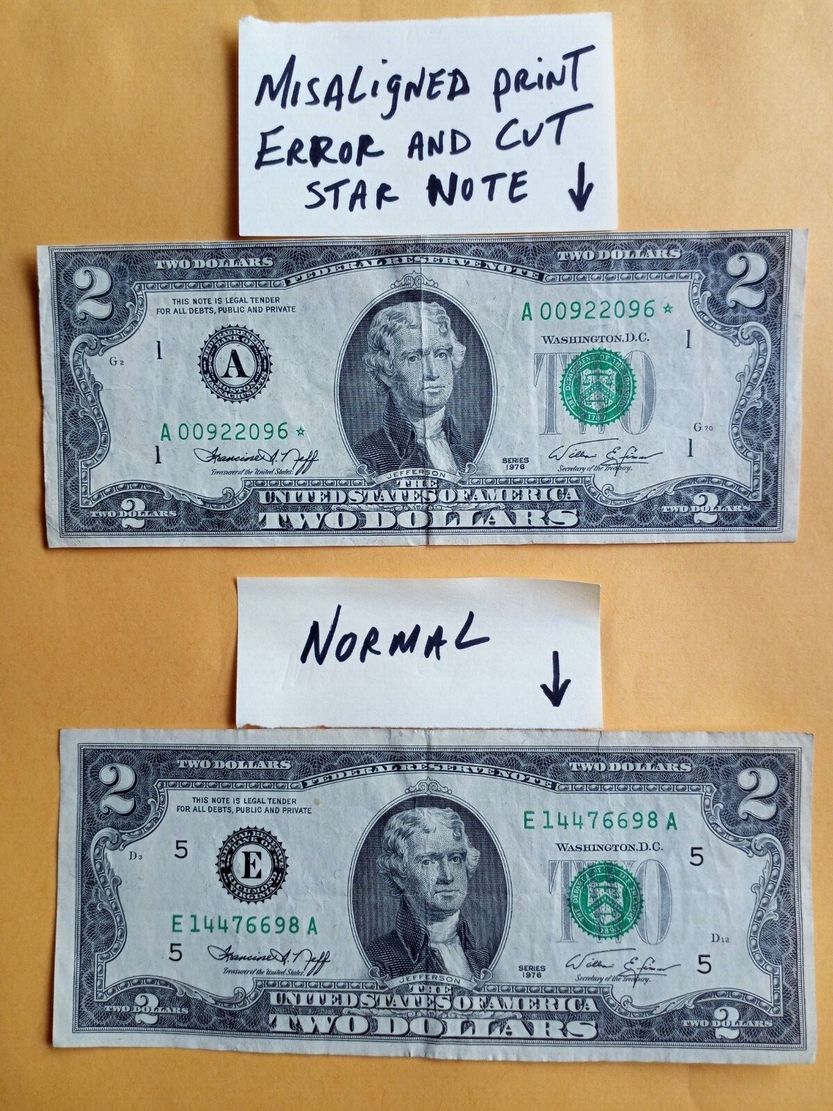 US $2 Two Dollar Bill 1976 Series star note with manufacturing error | eBay