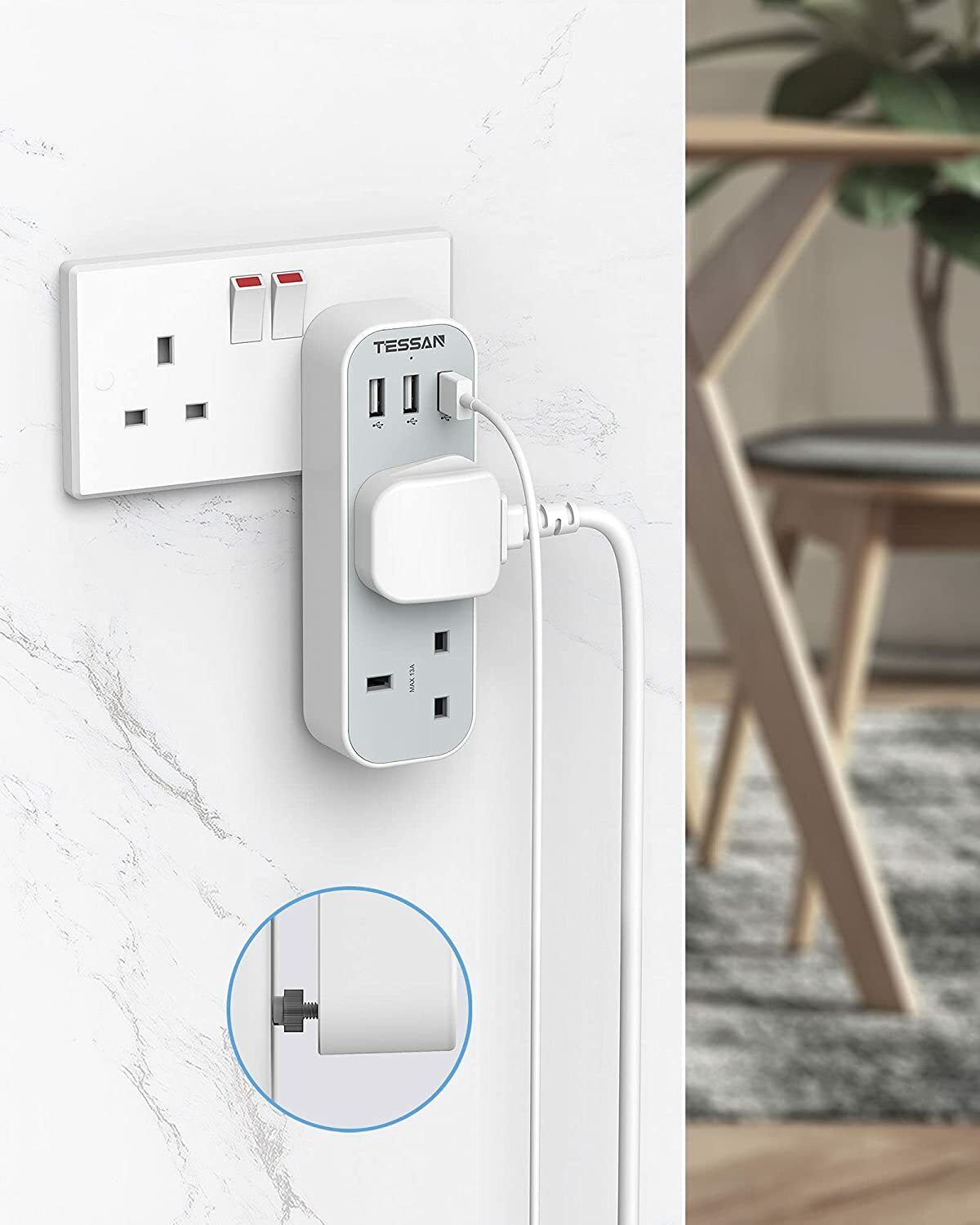 3 Pin Wall Socket Adapter Plug Extension & Shaver Adaptor with USB Port ...