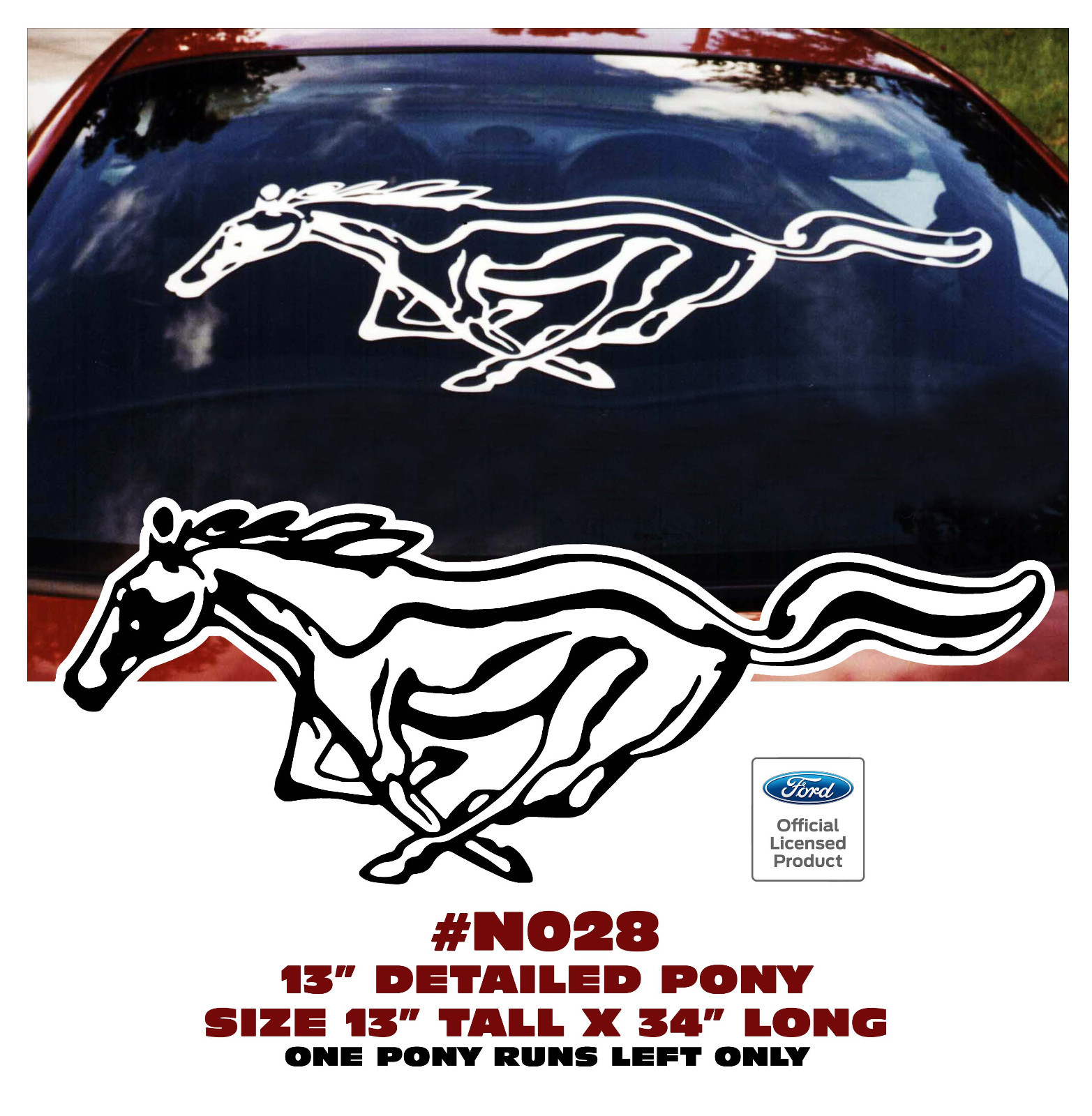 N028 MUSTANG 13" DETAILED RUNNING PONY DECAL - 13" X 34" LONG - FORD ...