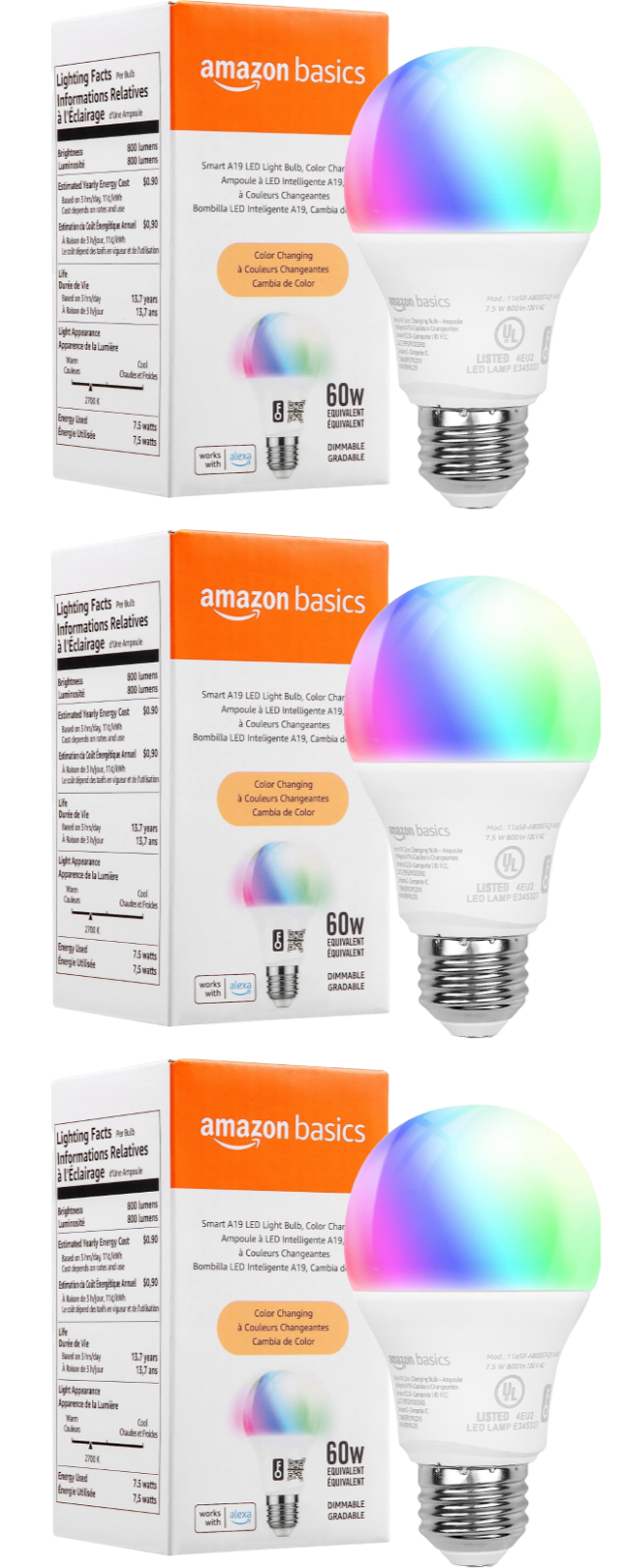 Lot of 3 Amazon Basics Smart Bulbs A19 E26 LED 60W Multicolor - Only ...