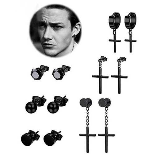 6Pairs Earring Set Stainless Steel Cross Chain Earring Stud Punk Men ...
