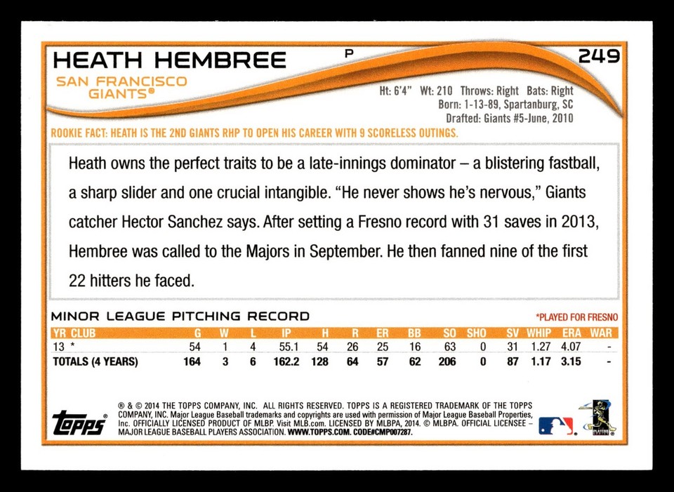 Heath Hembree 2014 Topps #249 San Francisco Giants BUY3GET1FREE | eBay