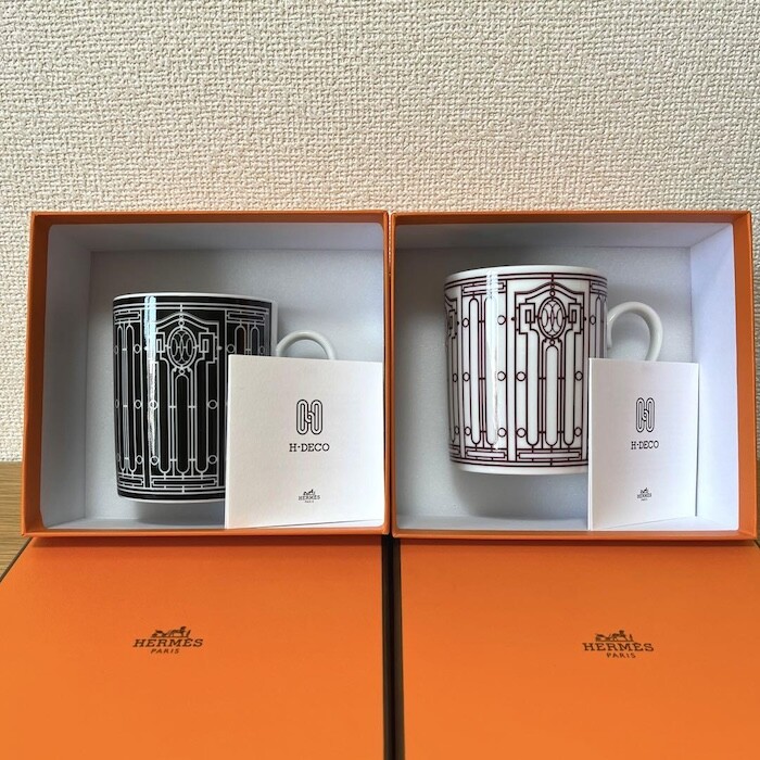 HERMES Mug Cup H Deco Black Red White Tableware 2 set Coffee Tea Auth ...