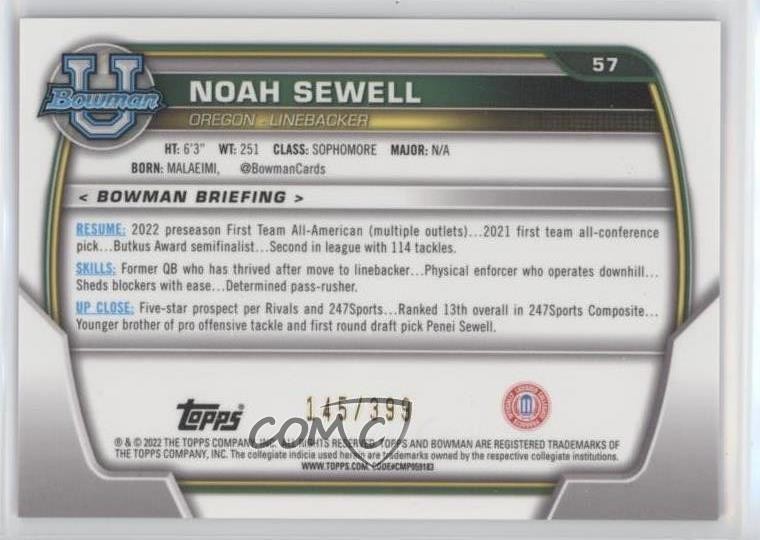 2022 Bowman U Chrome Purple Refractor 145/399 Noah Sewell #57 y0i | eBay