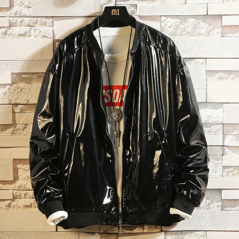 Men Casual Leather Jacket Shiny Baseball Coat Outwear Loose Fit ...