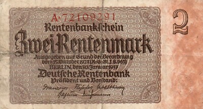 Genuine 2 Rentenmark from 1937 German 3. reich banknote fine con ...