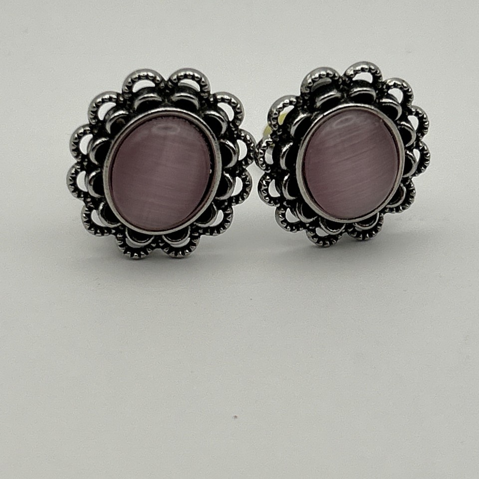 Silver Pink Cats Eyes Quartz Clip Earrings Silver Plated Oxidized ...