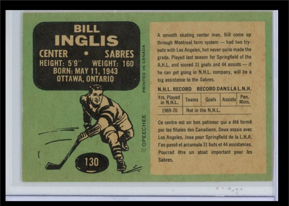 1970-71 O O-Pee-Chee Hockey Bill Inglis Rookie #130 | eBay