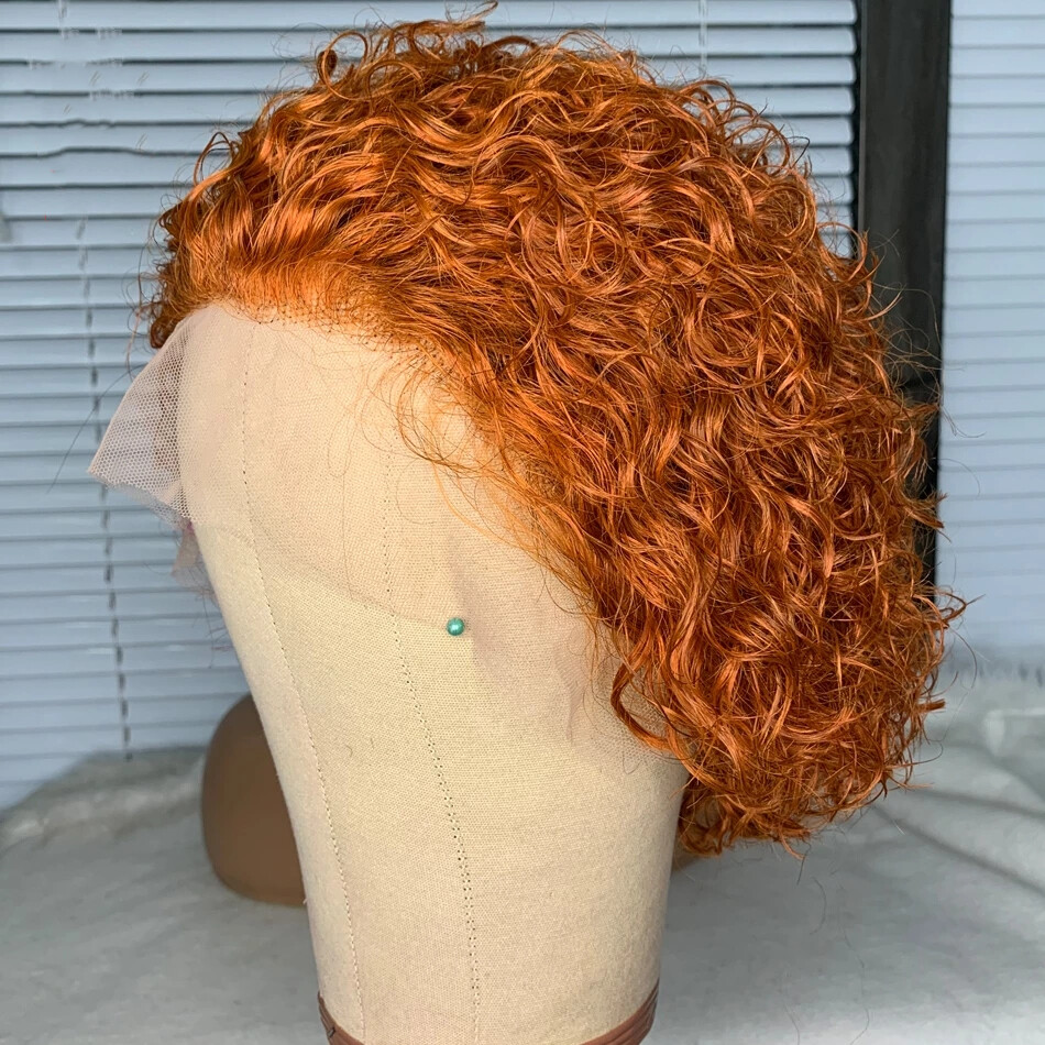 Curly Wave Orange Wigs 13x1 Lace Front Human Hair Wigs Remy Short Pixie ...