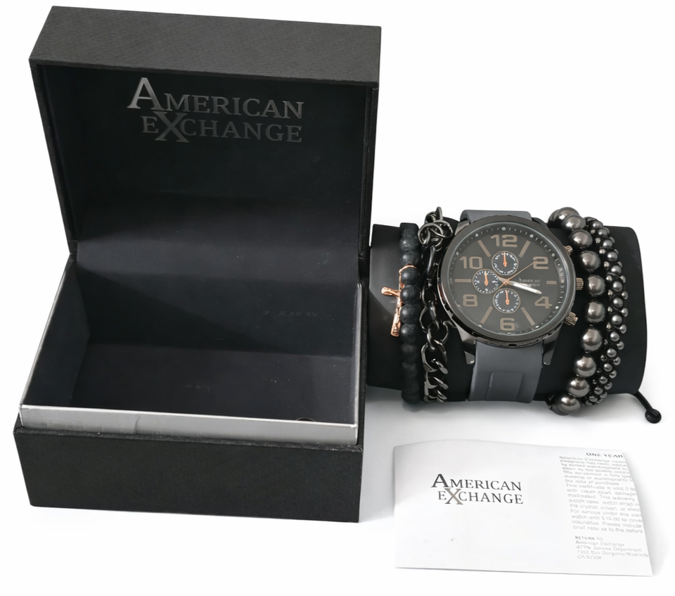 American Exchange Men’s Chronograph Watch Gray Strap Bracelet Set New ...