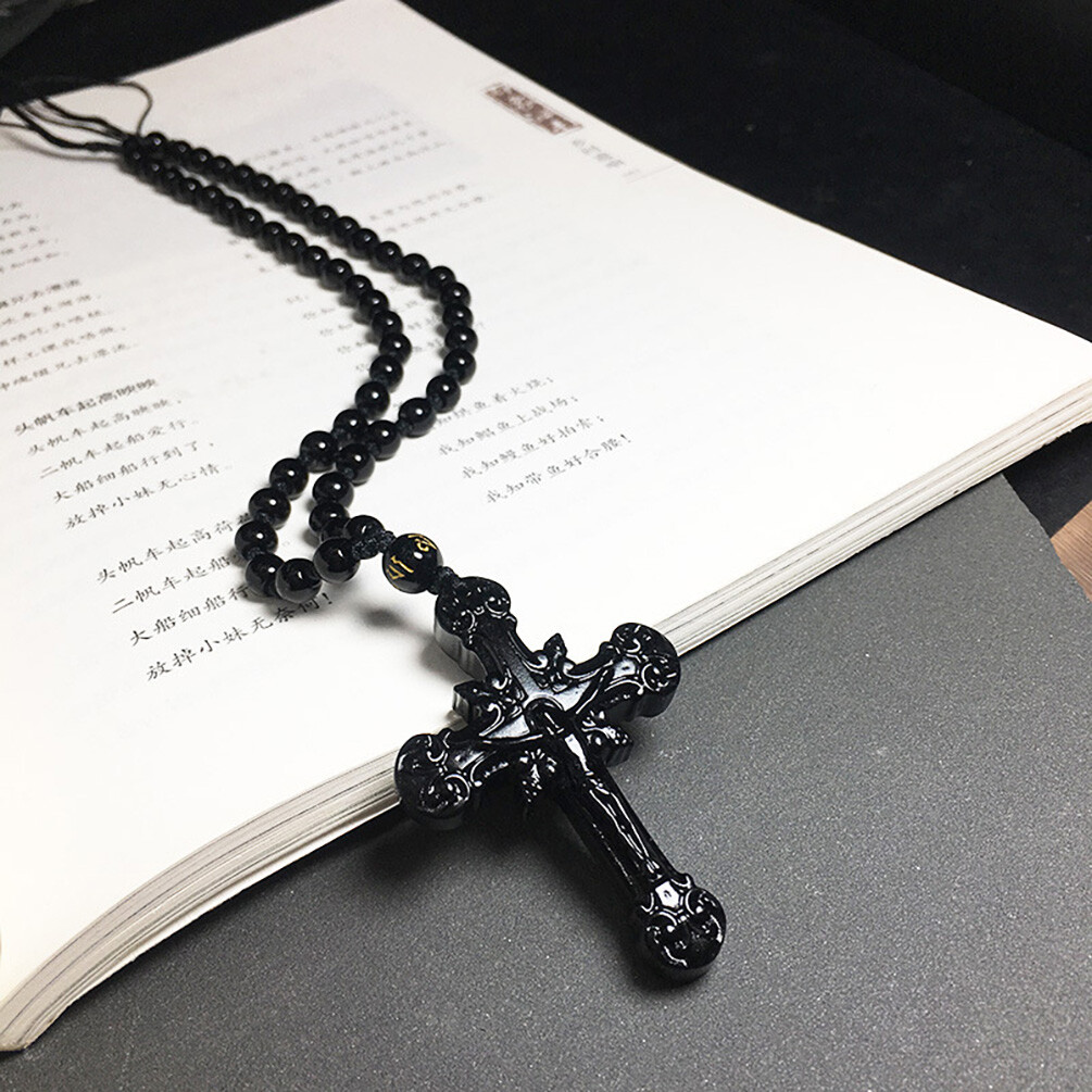 Black Obsidian Cross Necklace Pendant Natural Obsidian Christian Jesus ...