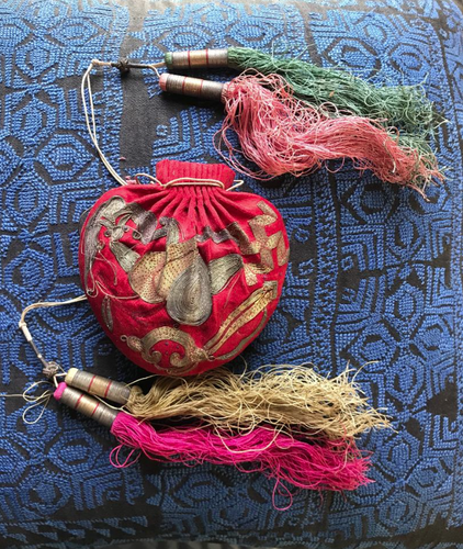 (B) Antique Chinese QING CHING Dynasty Red Silk Purse Gold Silver ...