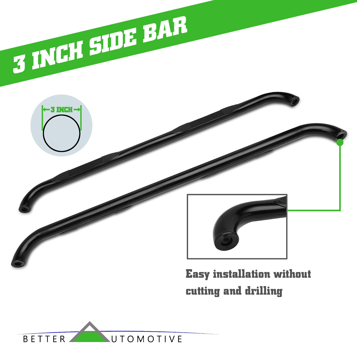 3" Black Side Step Rails for 2009-2018 Dodge Ram 1500 Crew Cab Running ...