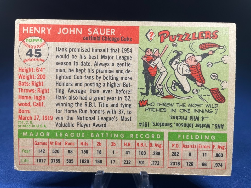 1955 Topps Baseball Card Hank Sauer #45 Chicago Cubs | eBay