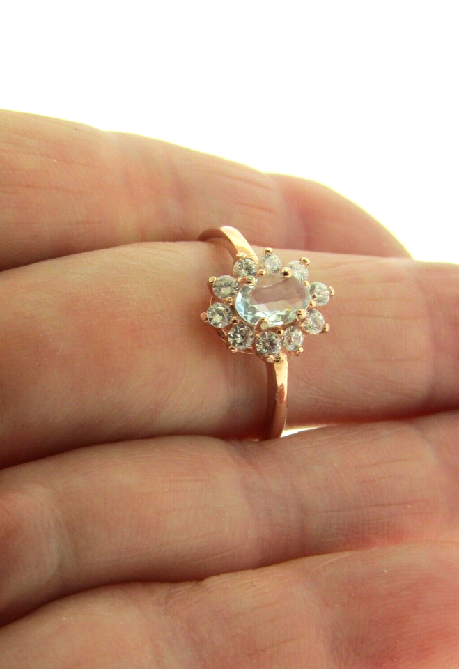 Natural Aquamarine Halo Ring Rose Gold over 925 Sterling Silver One ...