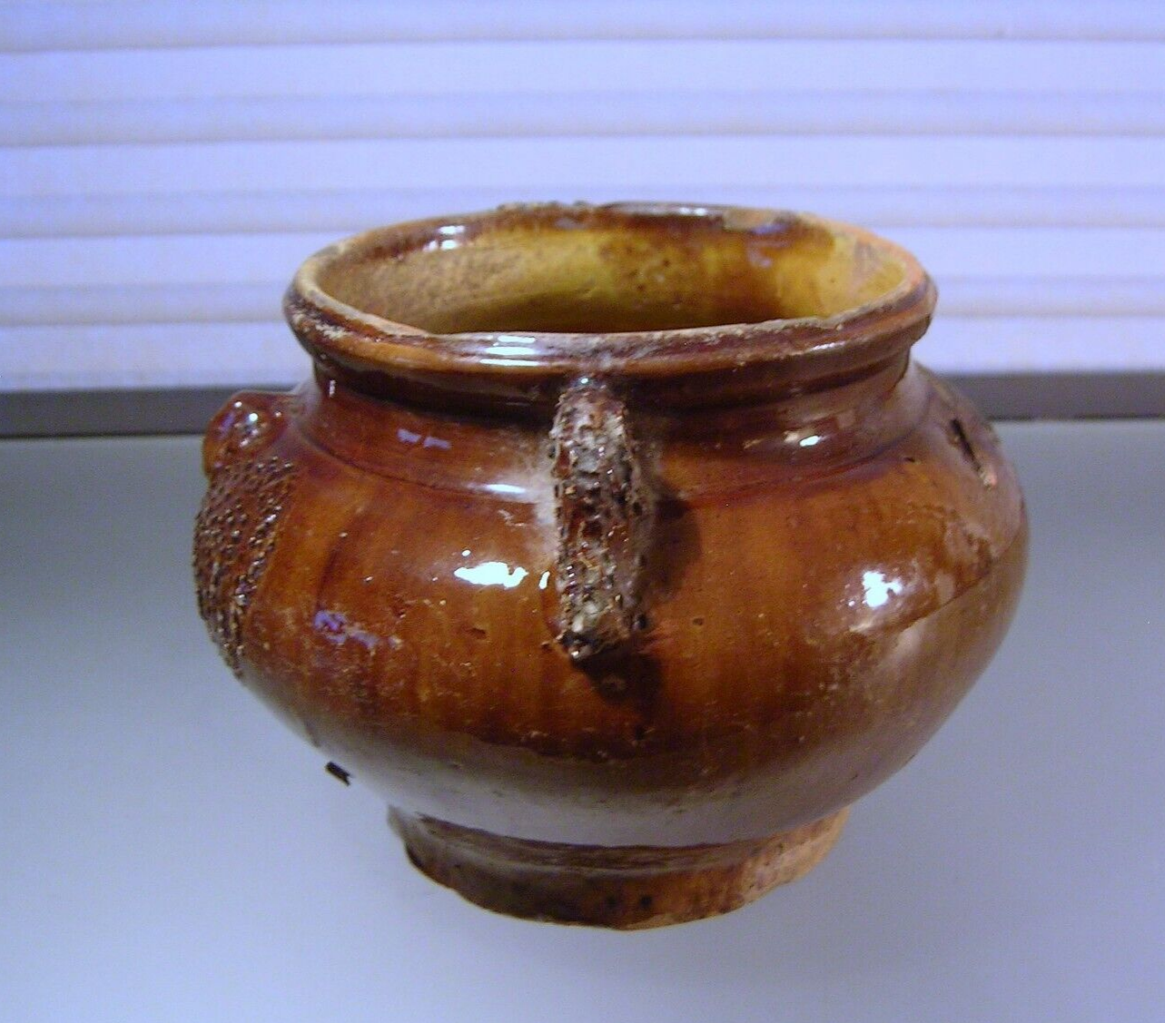 Antique Primitive Redware Pottery Jar Heart Treacle Glaze | eBay