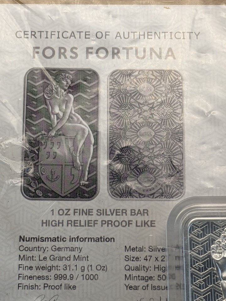 FORS FORTUNA 1 oz Pure Proof Like Bar in UNOPENED Capsule COA .999 Fine ...