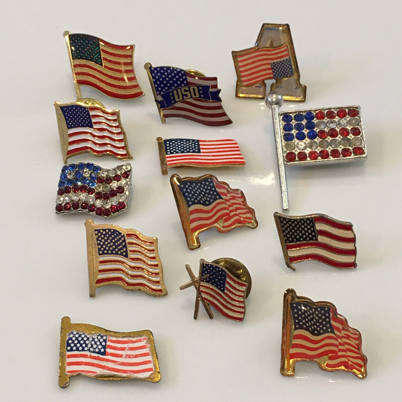 Vintage Pin Pinback American Flag Flags Hat Lapel Patriotic Rhinestones ...