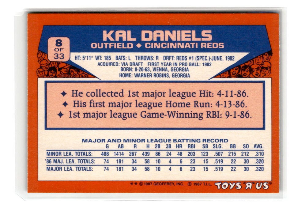 1987-Topps Toys R Us Rookies -#8-Kal Daniels -Cincinnati Reds | eBay