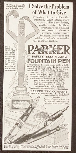 1916 PARKER FOUNTAIN PEN Vtg Xmas Print Ad~Lucky Curve Jack Knife ...