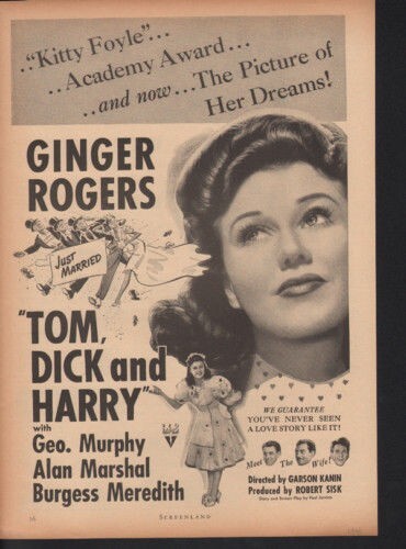 1941 TOM DICK HARRY GINGER ROGERS MURPHY MARSHAL MEREDITH MOVIE AD ...
