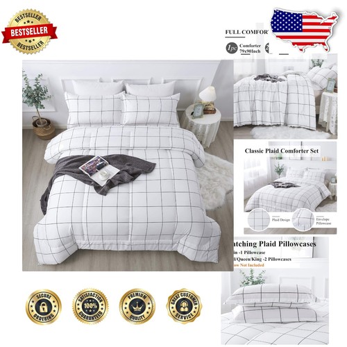 Elegant White Grid Comforter Set - 3 Piece Full Bedding for All Seasons ...