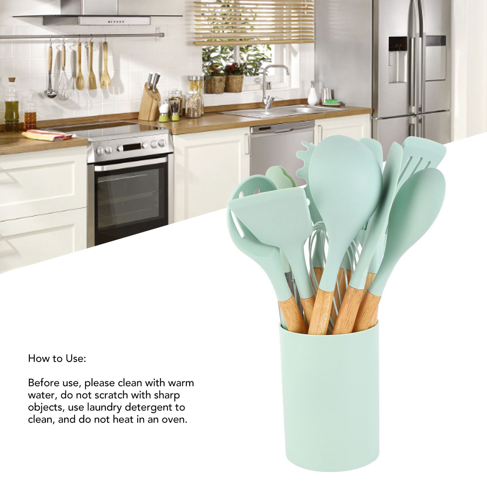 12Pcs Silicone Kitchen Utensil Cooking Set Durable Spatula Tongs Oak ...