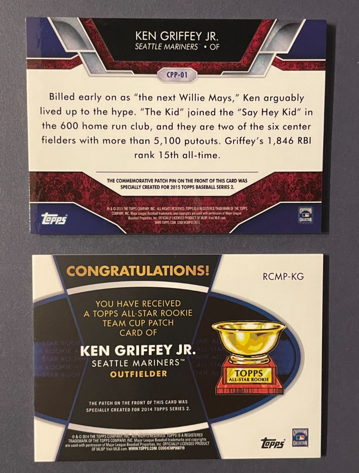 Ken Griffey Jr. 2014 & 2015 Topps Commemorative Patch Pin All-Star Lot ...