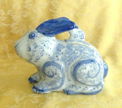 Large Vintage Chinese Porcelain Blue & White Bunny Rabbit Trinket Box ...