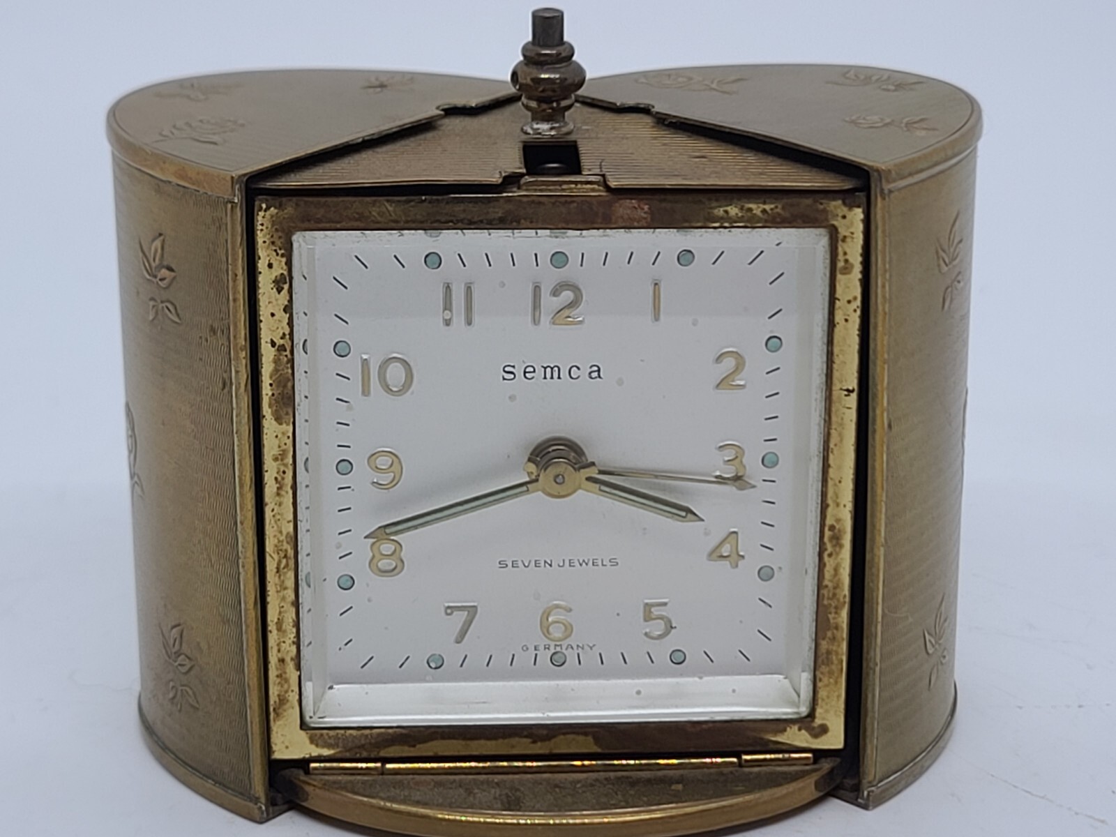 Vintage SEMCA Brass Carriage Clock Style Cylindrical Hinged Alarm Clock ...