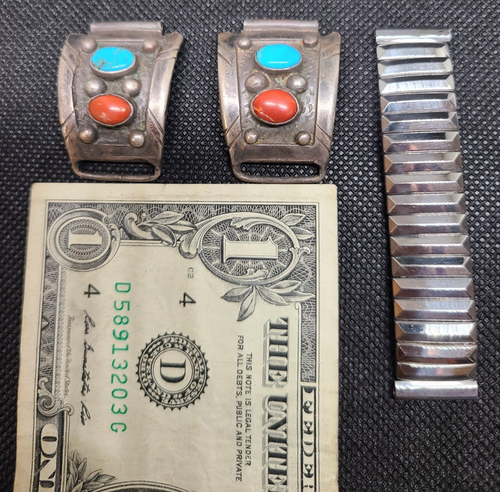 Vintage Native American Sterling Silver Turquoise Coral Watch Band Tips ...