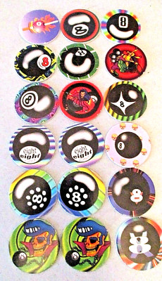 18 MILKCAPS Collectible 8 EIGHT BALL Theme Round Cardboard POGS (3 ...