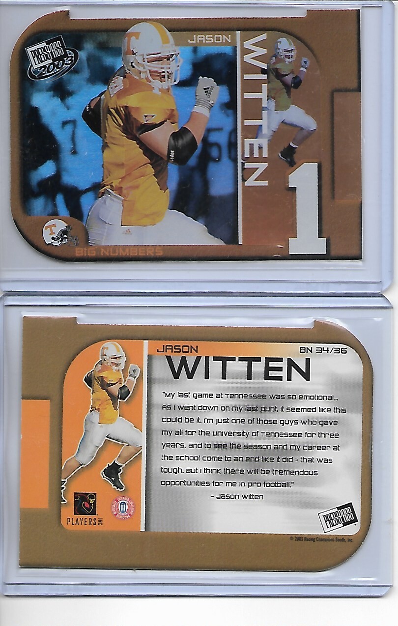 2003 Press Pass BIG NUMBERS INSERT Jason Witten UT Tennessee Vols QTY ...