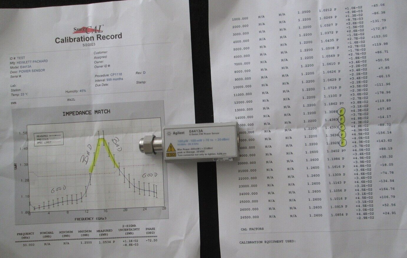 Agilent E4413A RF Power sensor OOT 50MHz to 26.5GHz -70 to +20 dBm EMP ...