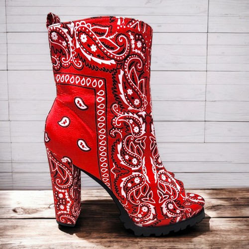 Mata Red Bandana Ankle Boots Chunky 5" Heel Peep Toe Womens Size 11 ...