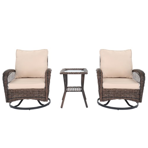 3 Piece Outdoor Patio Furniture Set Rattan Swivel Rocking Chairs Glass ...