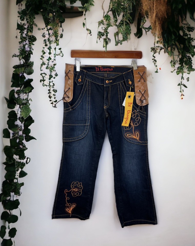 Blue Denim Lace Up Crop Jeans Capris Boho Floral Western Cowgirl Hippie ...