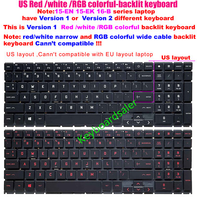 US Red/white/RGB Backlit Keyboard For HP 15-EK 15-EN 16-B TPN-Q238 Q267 ...