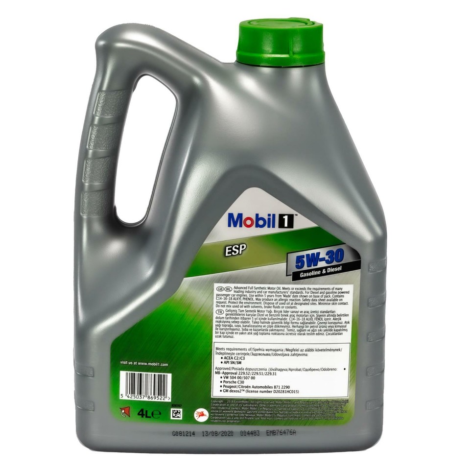 4 Litro Mobil 1 Esp 5W30 Aceite MB 229.31 229.51 229.52 Porsche C30 Api ...
