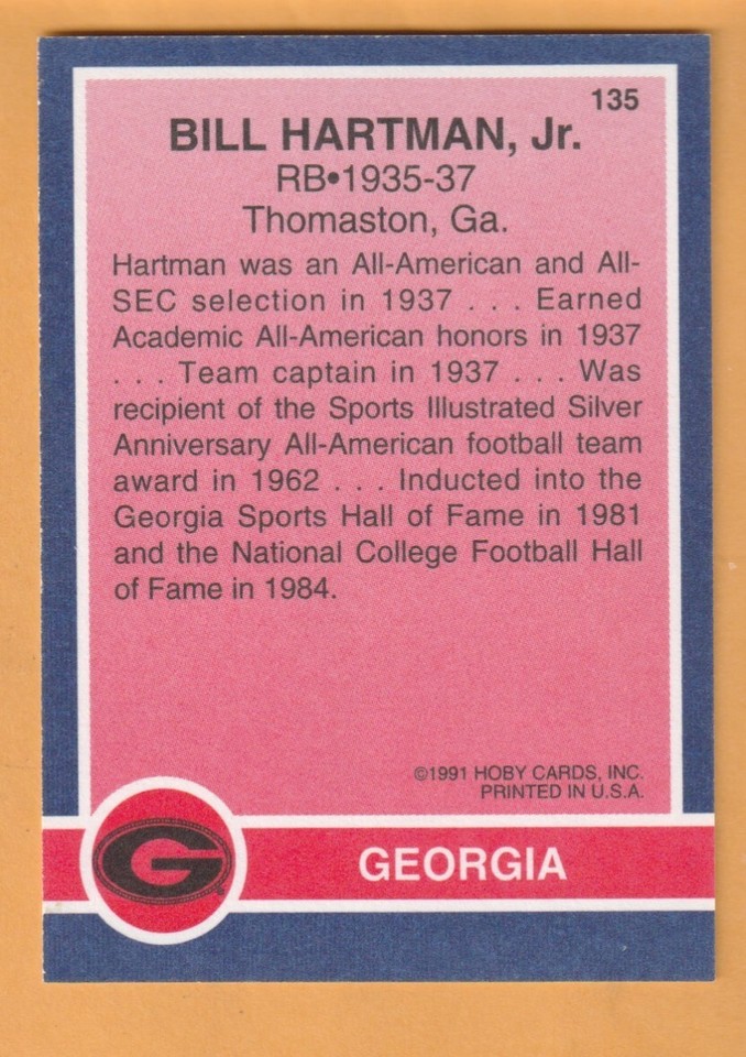 Bill Hartman Georgia Bulldogs 1991 SEC Hoby #135 Thomaston GA | eBay