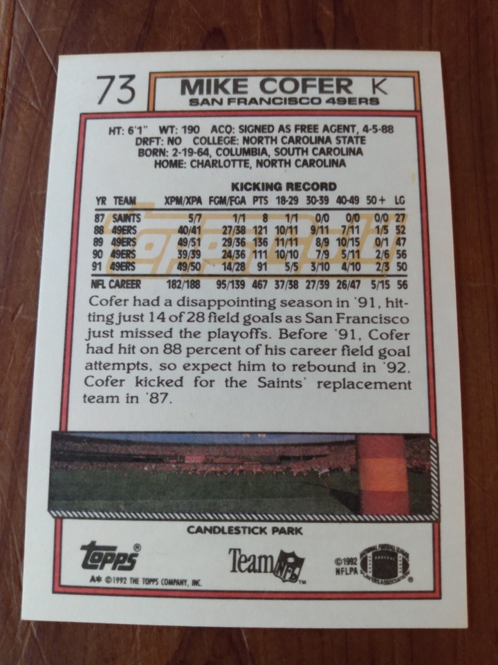 Mike Cofer - San Francisco 49ers Kicker - Topps Gold NFL 1992 Card #73 ...