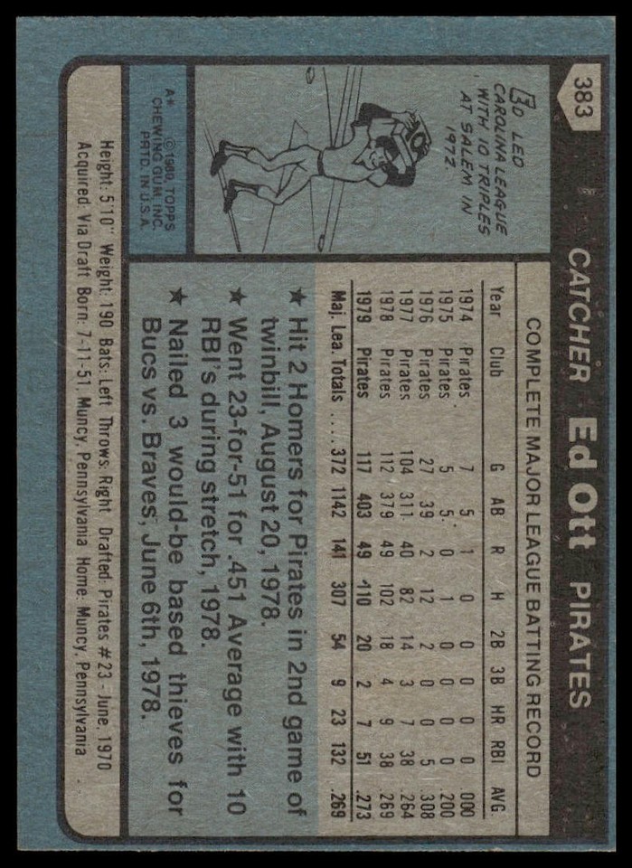 1980 Topps #383 Ed Ott Pittsburgh Pirates Baseball | eBay