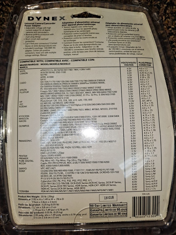 Dynex Universal AC/DC Charger Cameras Camcorders DX-UA 120/220V 3.3-9 ...