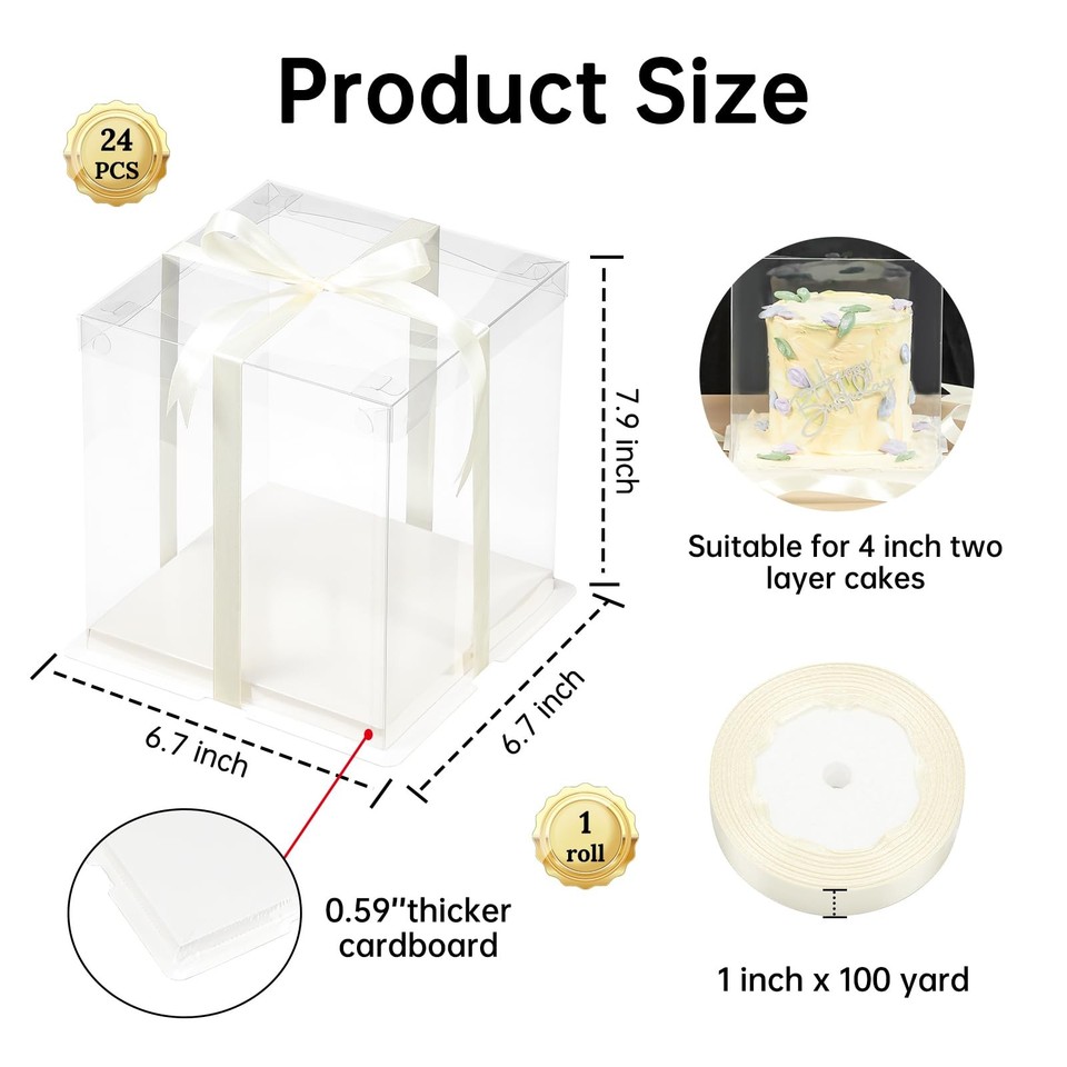 24 Pcs Clear Gift Box with Ribbon 2-Layer 6.7x6.7x7.8 Inch, Transparent ...