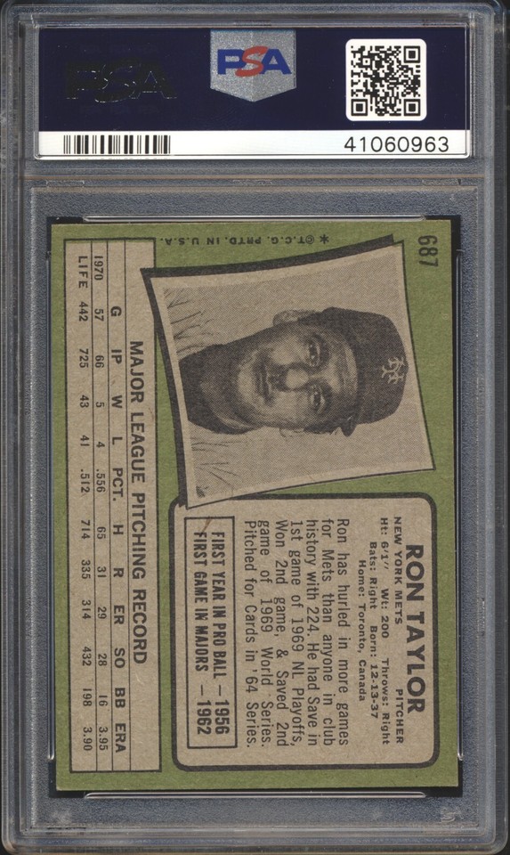 1971 Topps Baseball Ron Taylor SP #687 PSA 7 METS NM High Number | eBay