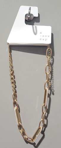 A New Day Elongated Oval Links w/ Faux Pearl Inlay & Gold Finish Chain ...
